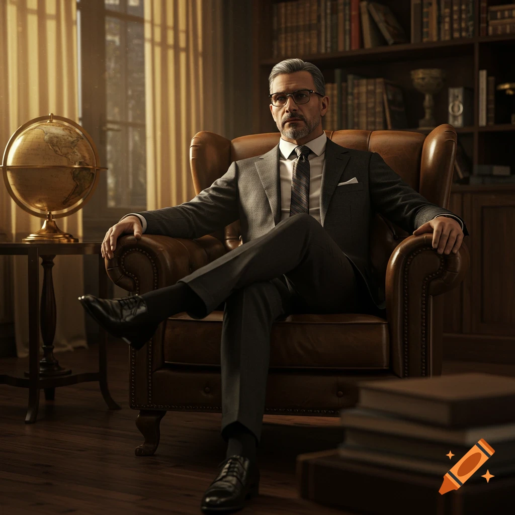 Photorealistic portrait of a distinguished older man in a dark suit ...