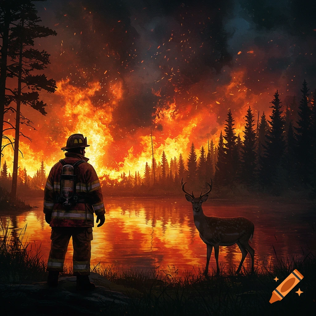 A firefighter stands by a lake, looking at a massive forest fire ...