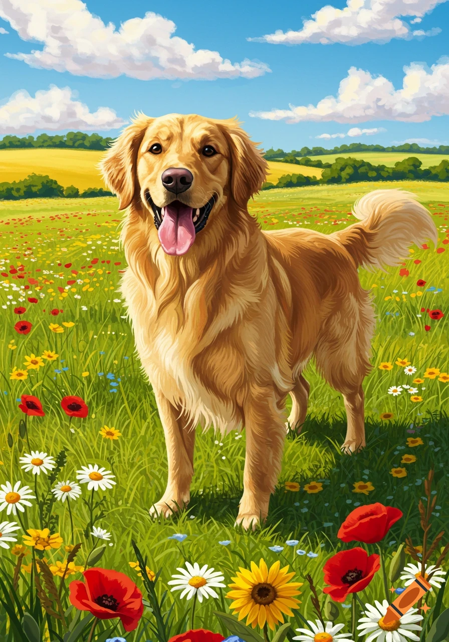 A vibrant illustration of a yellow Labrador retriever lying peacefully ...