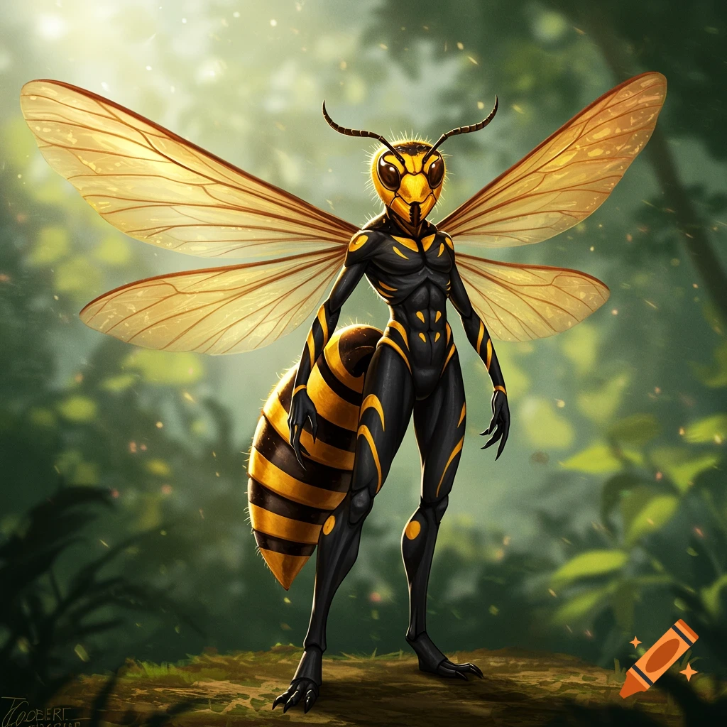 A black and yellow hornet human hybrid creature stands in a sunlit ...