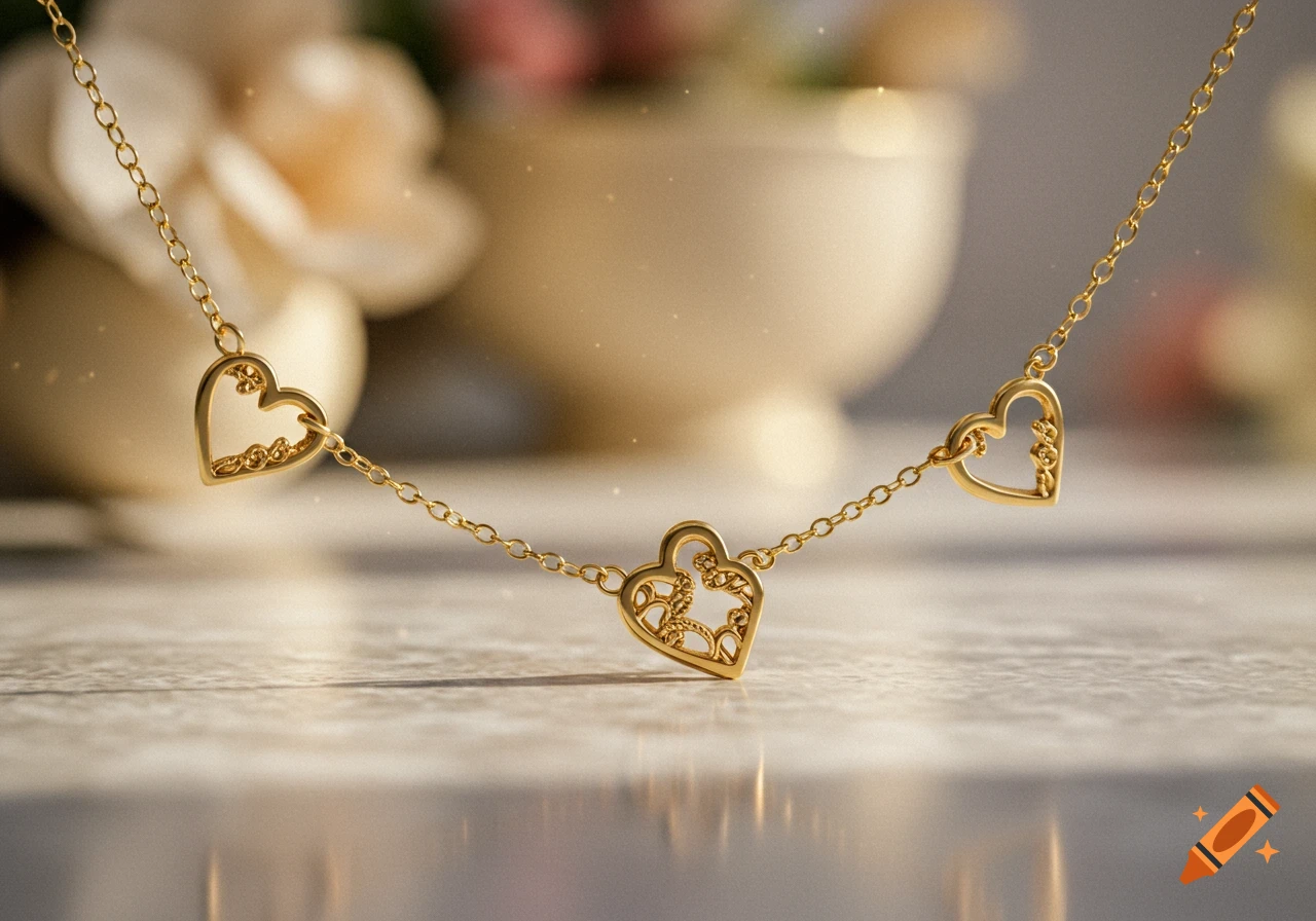 A close-up photorealistic shot of a delicate gold necklace with three ...