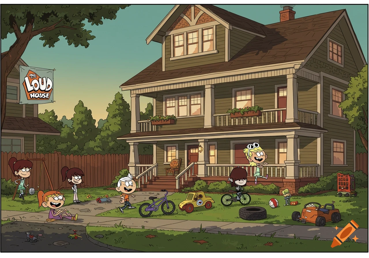 A cartoon scene showing the green Loud House with a porch, and many ...