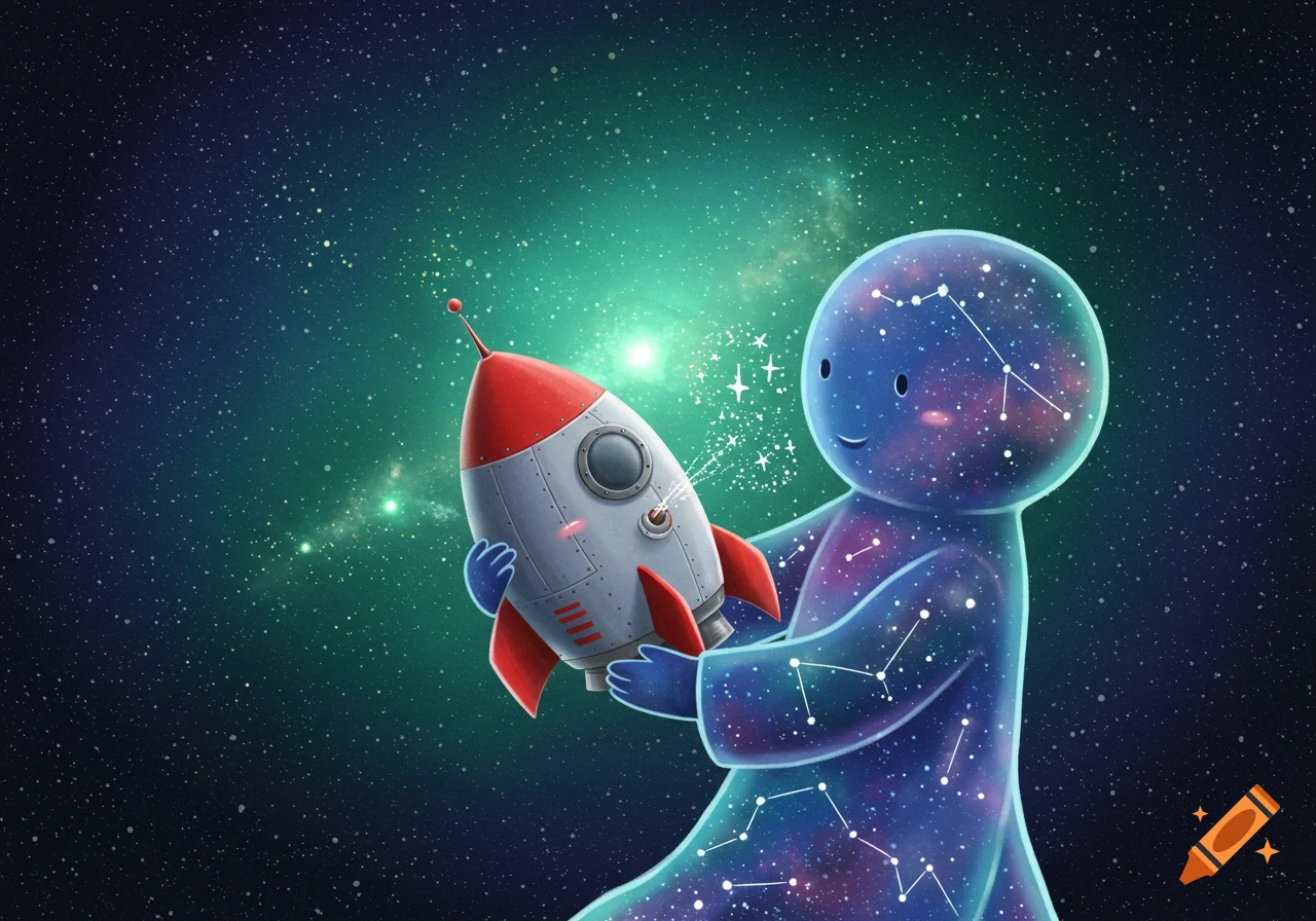 A blue, starry cosmic character holds a small red and silver rocket ...