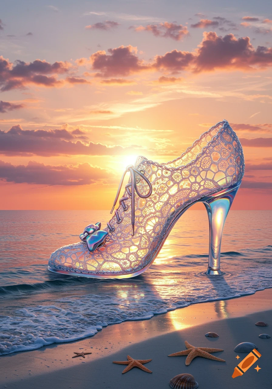 A glowing, intricate glass slipper high heel shoe stands in shallow ...