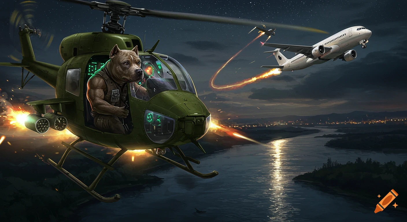 A detailed digital illustration of a military helicopter flying, with a ...