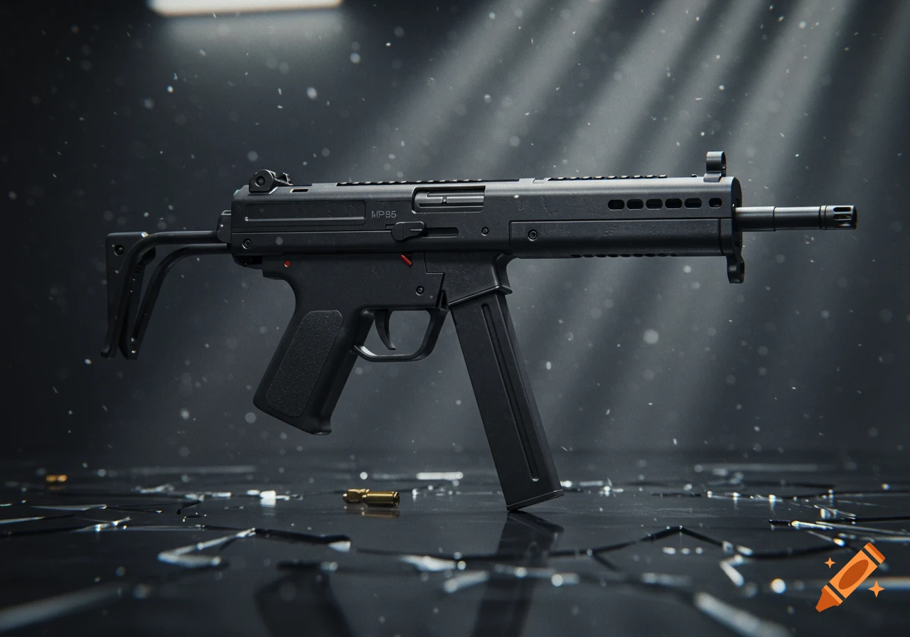 A detailed, photorealistic render of a black submachine gun, featuring ...