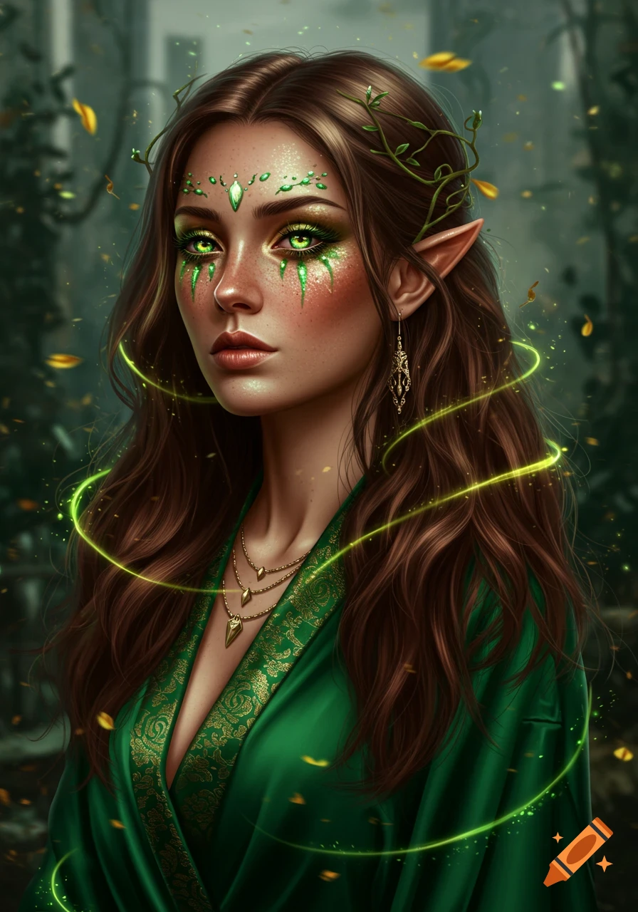 A digital painting of an enchanting elf woman with glowing green eyes ...