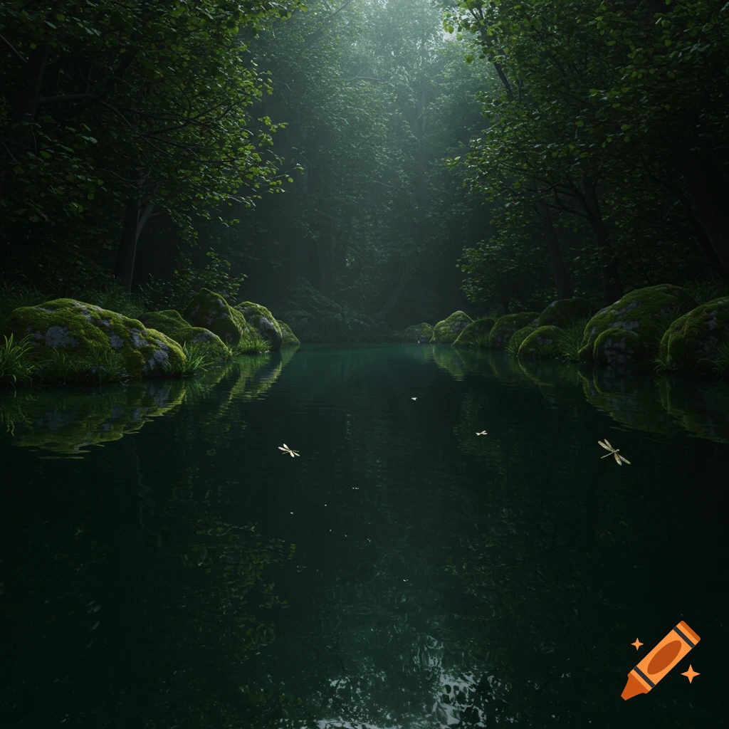 A dark green pool in a mystical forest, surrounded by moss-covered ...