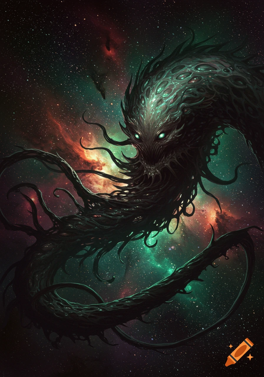 A dark, swirling, tentacled cosmic entity with numerous glowing red ...