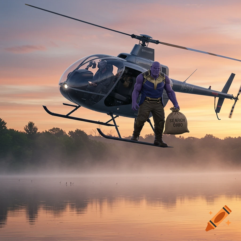 Photorealistic image of Thanos standing on the skid of a helicopter ...