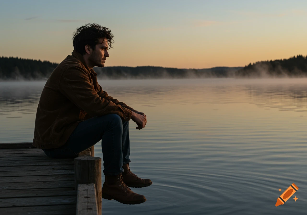 A man sits on a wooden dock overlooking a misty lake at sunrise with a ...