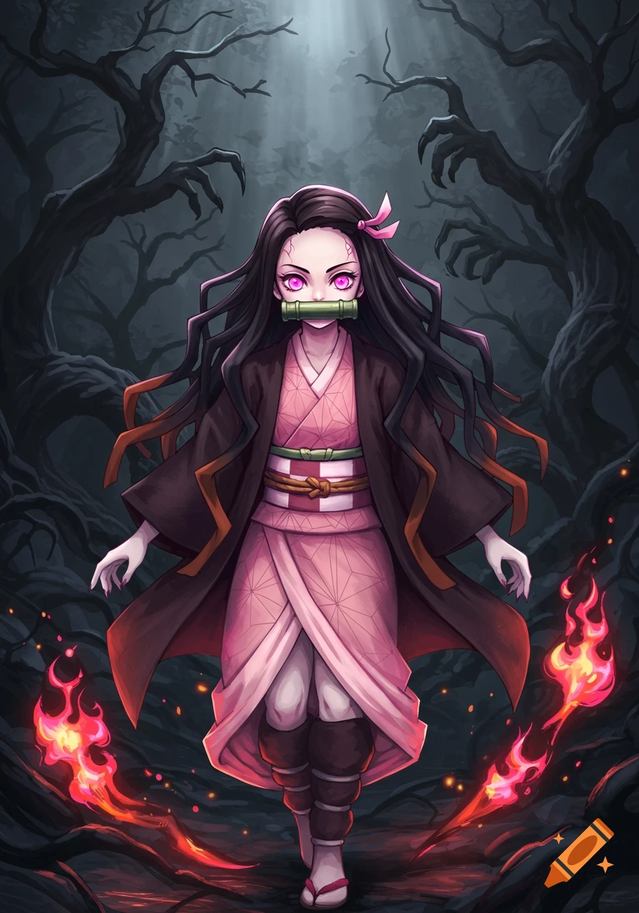 Nezuko from Demon Slayer in an anime illustration, standing in a dark ...