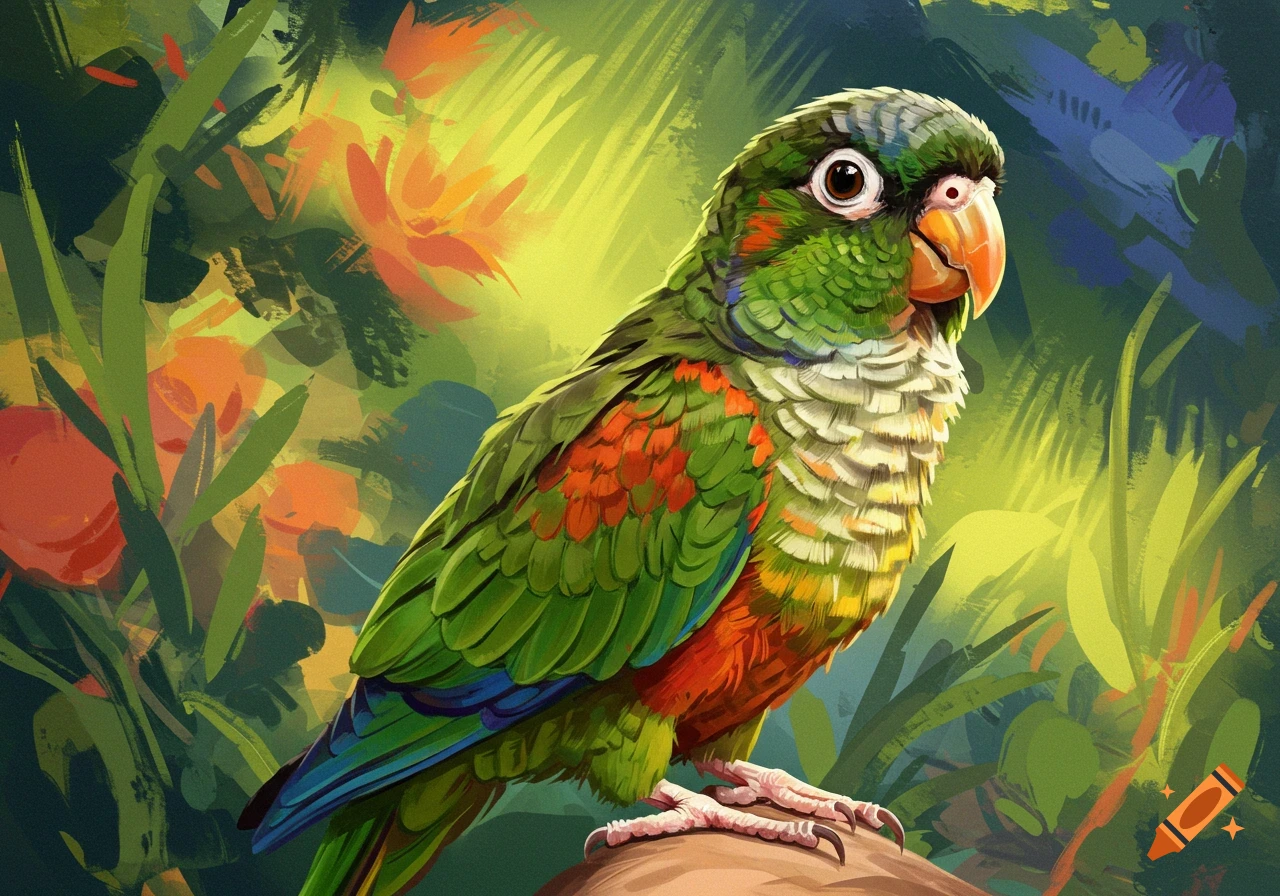 A colorful green cheek conure parrot in a vibrant, painterly jungle setting, rendered in a ...