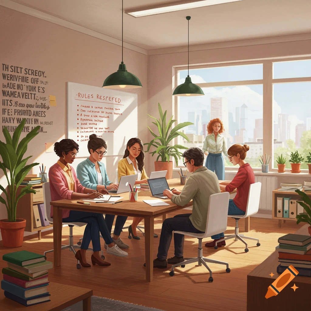 An illustration of five diverse people working and collaborating around ...