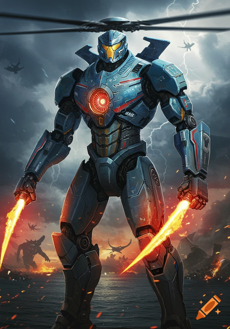 A large blue and grey robot, Gipsy Skyforge, stands with glowing orange blades in a stormy ...