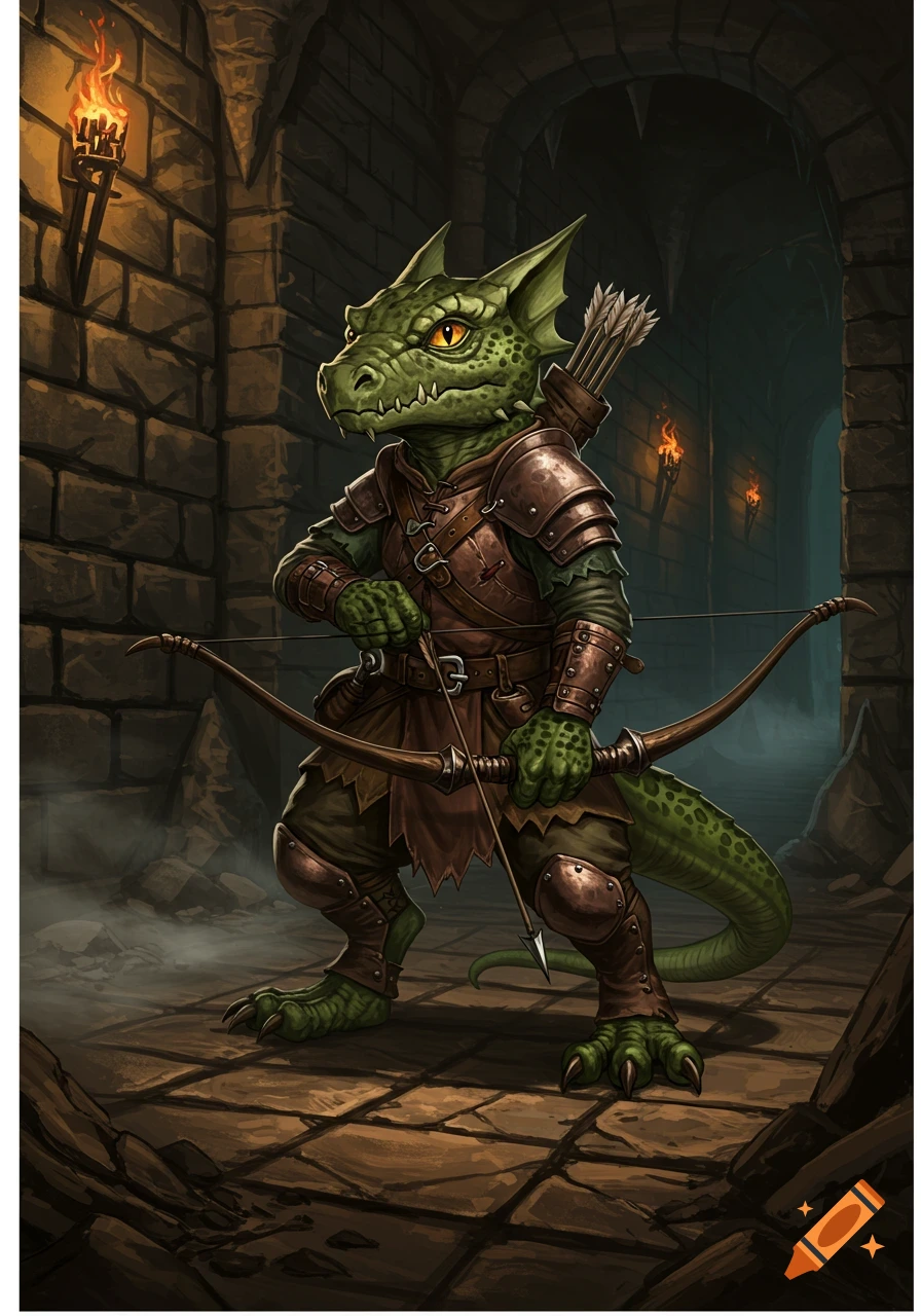 A green reptilian kobold ranger in leather armor holds a bow and arrow ...