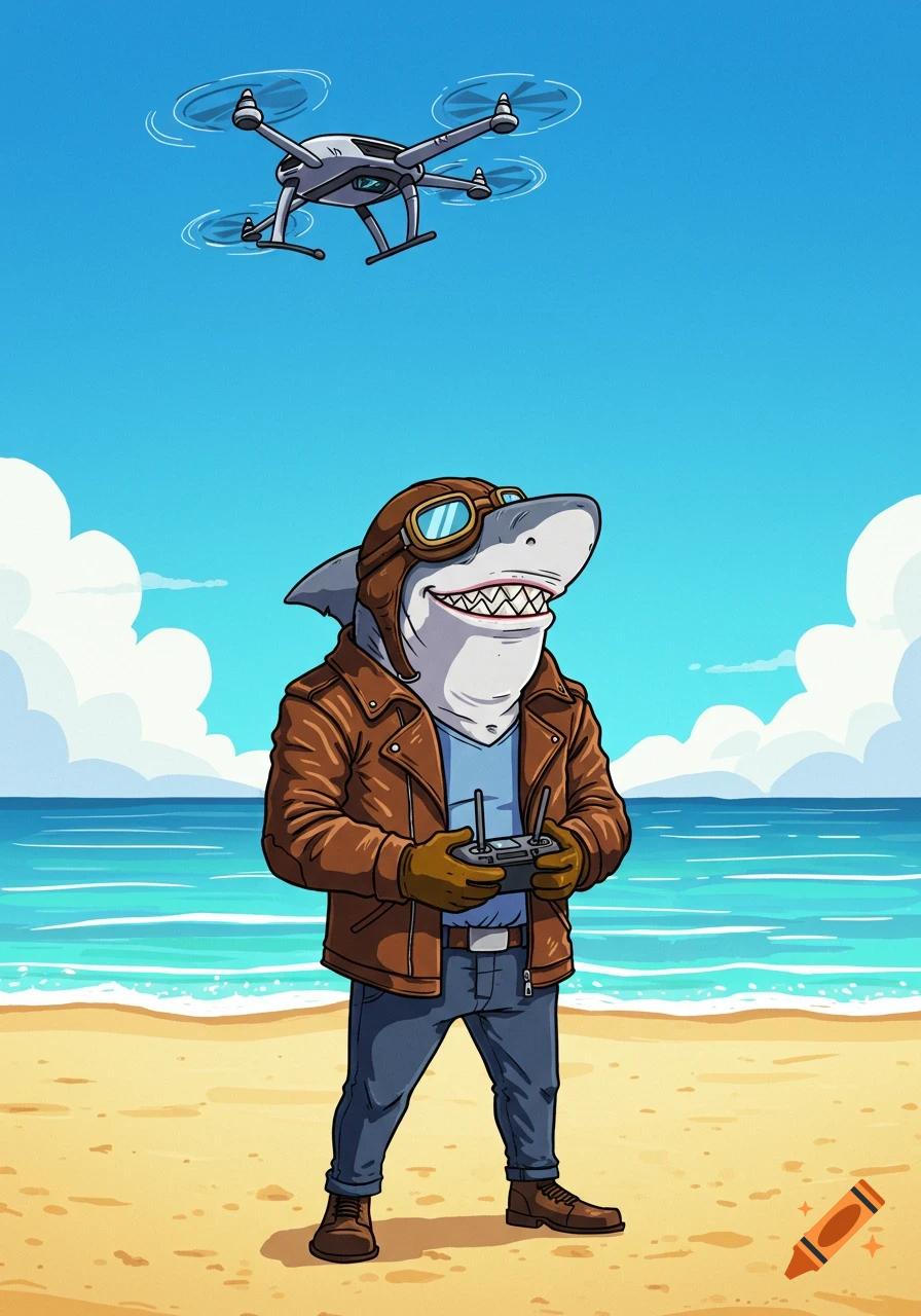 A cartoon shark in a pilot's hat and leather jacket stands on a beach ...