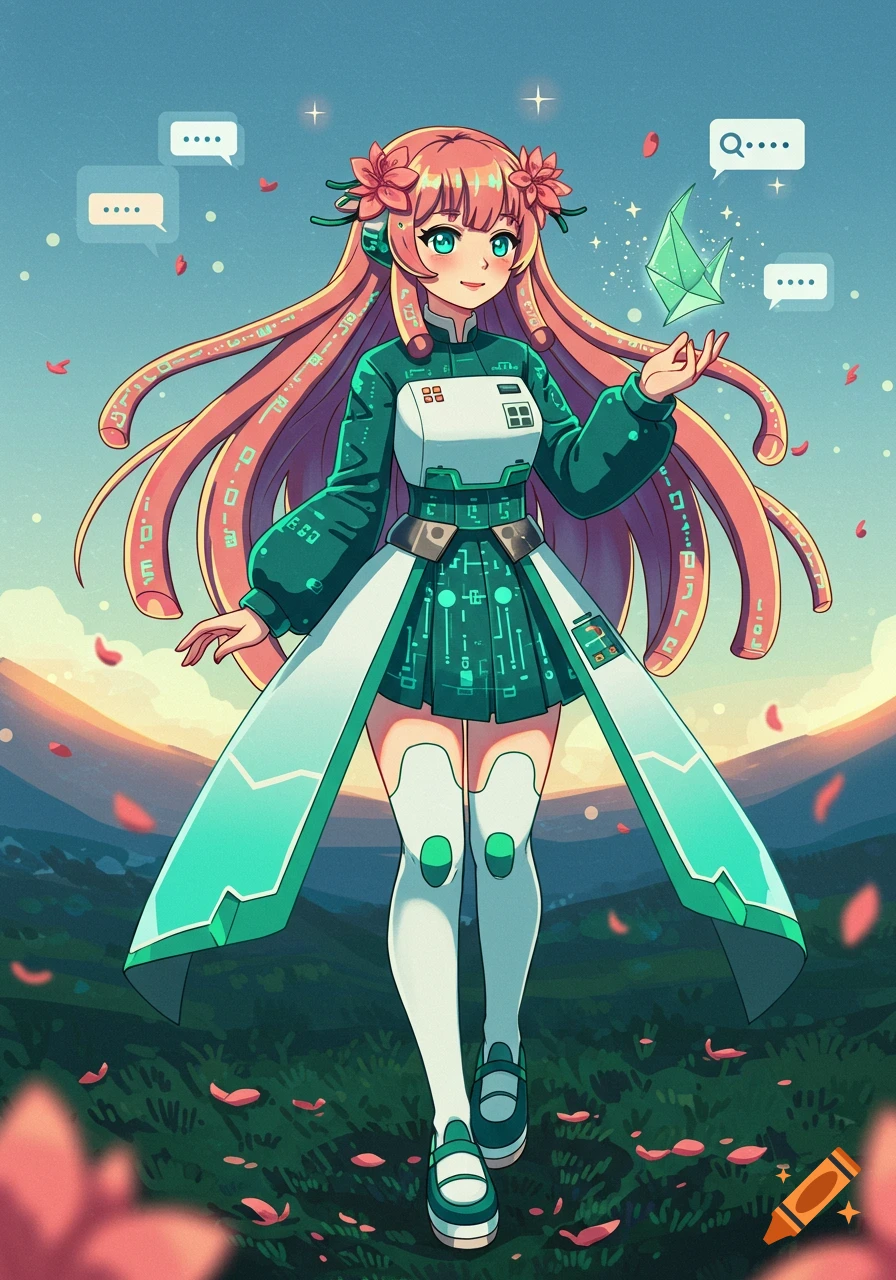 An anime-style girl with long pink hair and green eyes, wearing a teal ...