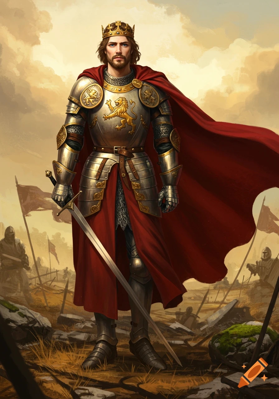 A determined knight in shining armor with a red cape stands on a dusty ...