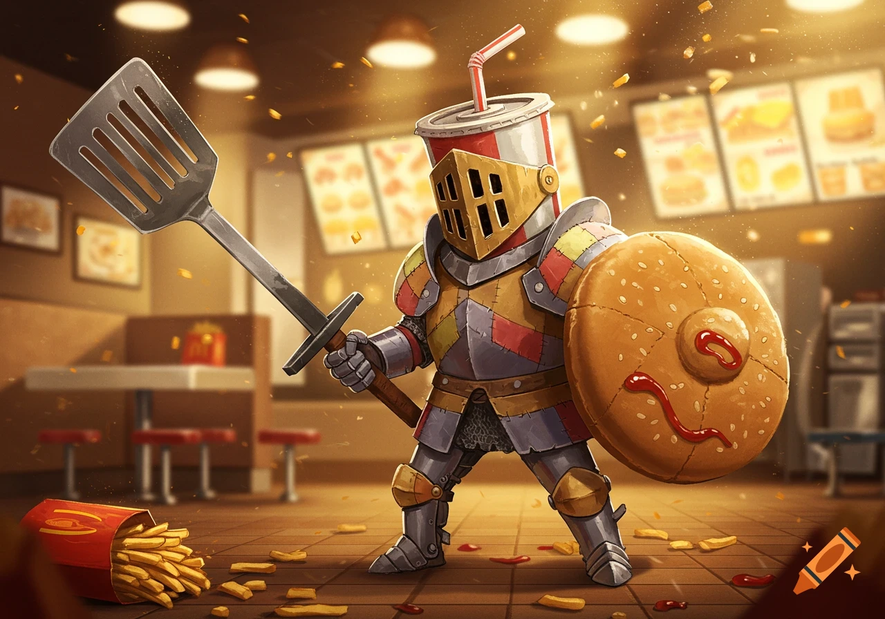 A stylized knight made of fast-food packaging, with a soda cup for a ...