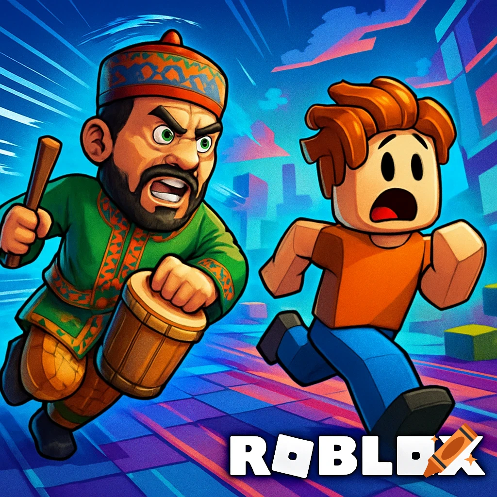 Cartoon game thumbnail showing a man in a green robe chasing a Roblox ...