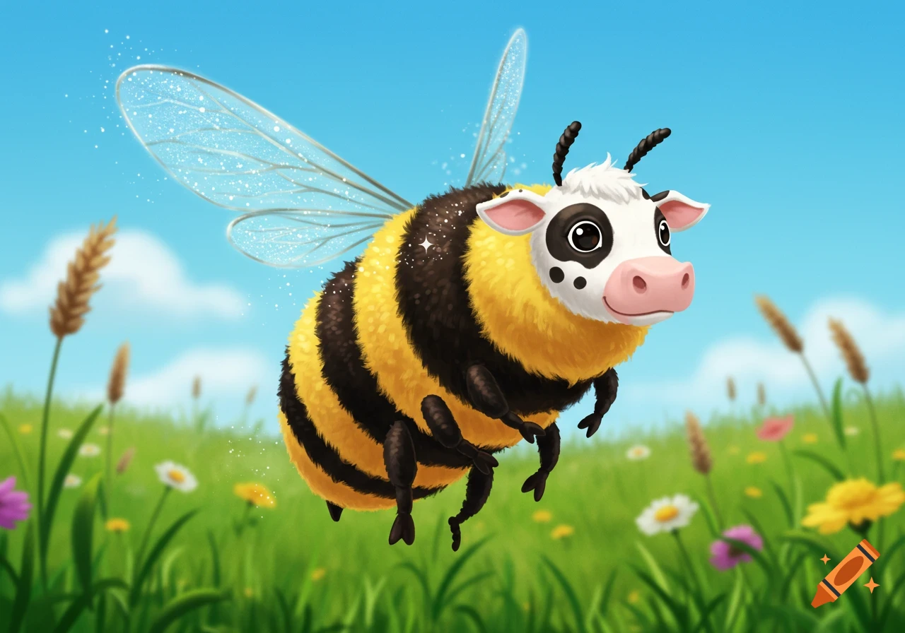 A whimsical cartoony bee with a cow's head flies in a sunny meadow with ...