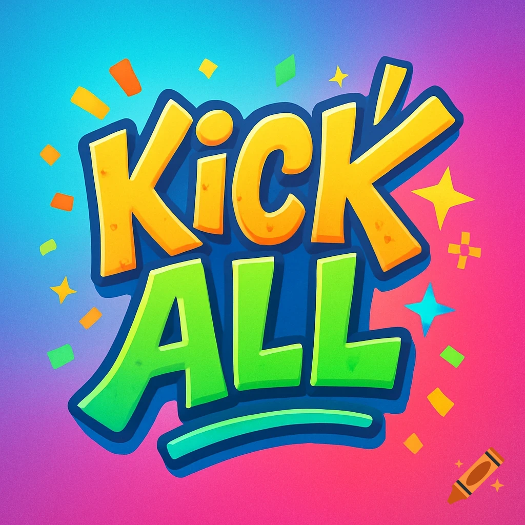 Colorful upbeat logo for a Roblox game that says 'Kick ALL' with ...