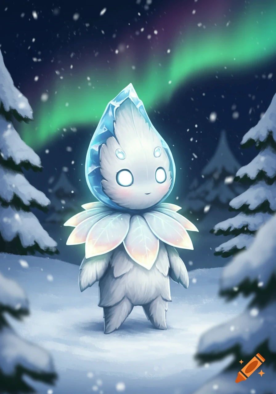 A cute white fantasy creature with glowing eyes and an icy, teardrop ...