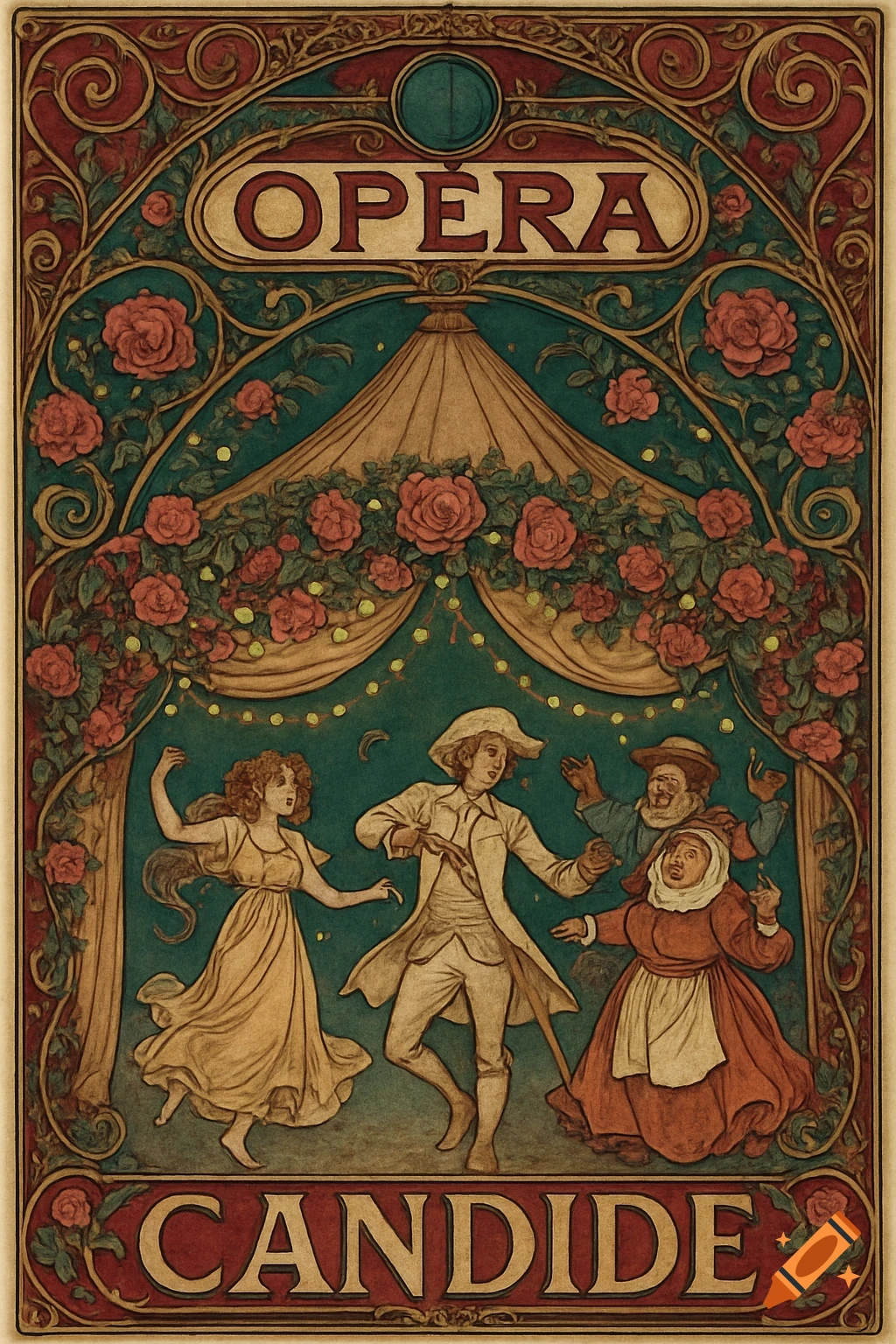 Art Nouveau style opera poster for Candide featuring dancing figures ...