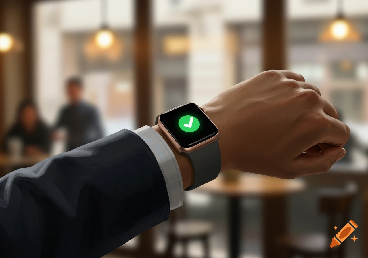 Close-up of a person's arm wearing a smartwatch displaying a green ...