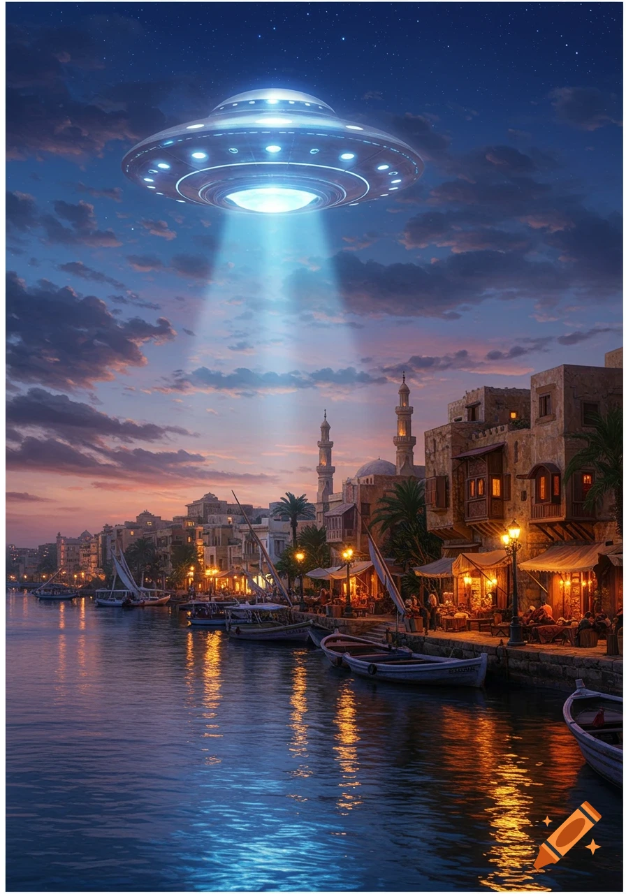 A vibrant, painterly scene of a luminous UFO with a light beam over a ...