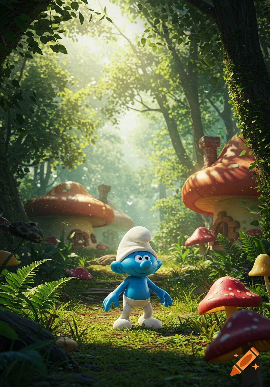 A blue Smurf in white pants and hat does a stretching pose on a blue ...