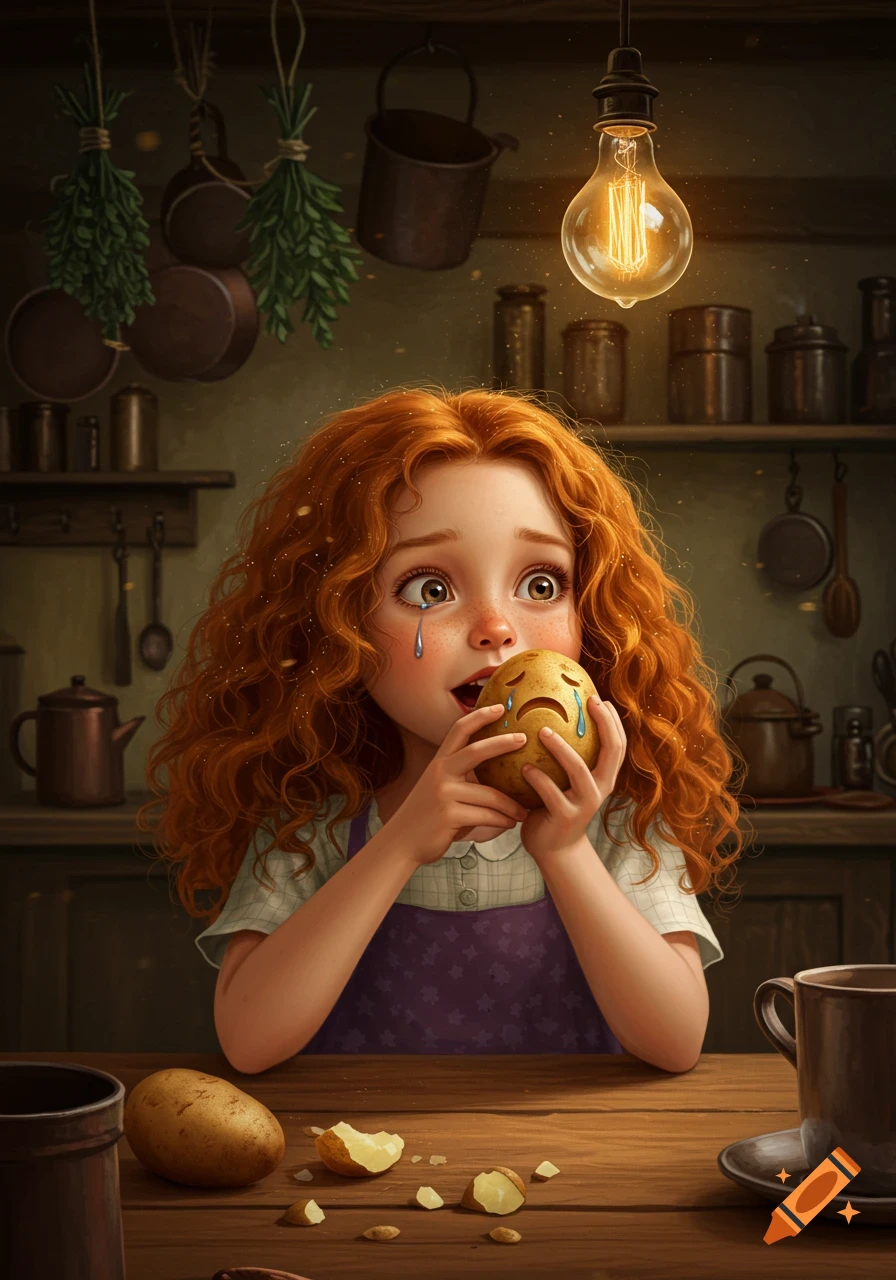 A joyful cartoon chef in a red apron slices an onion, tears streaming ...