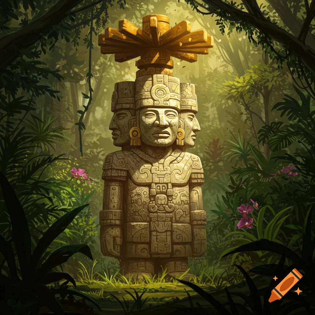 An ancient stone statue with three faces and golden elements stands in ...