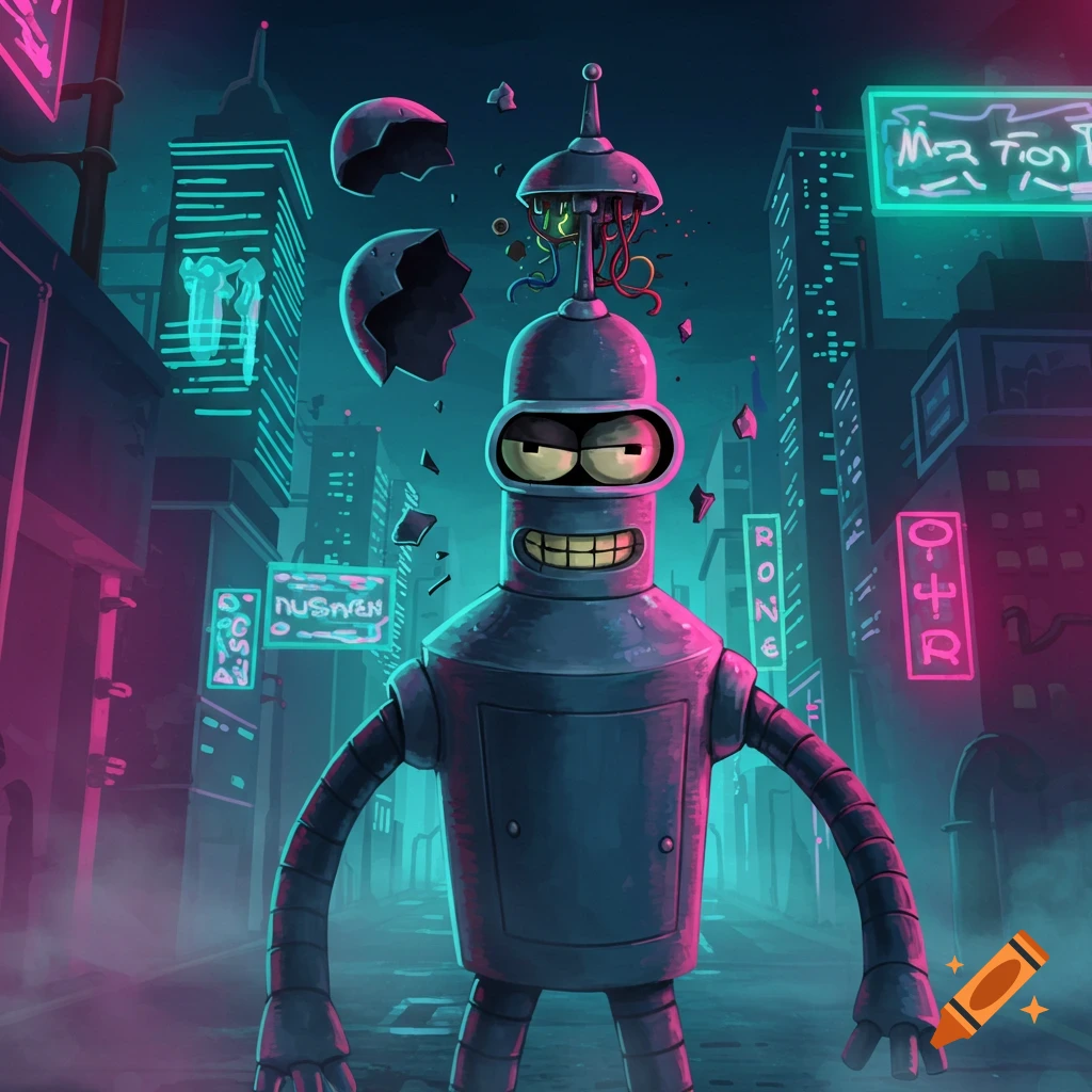 Bender from Futurama stands in a neon-lit futuristic city at night with ...