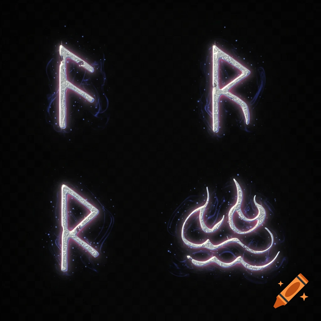 Four glowing, metallic runes and elemental symbols on a dark background ...