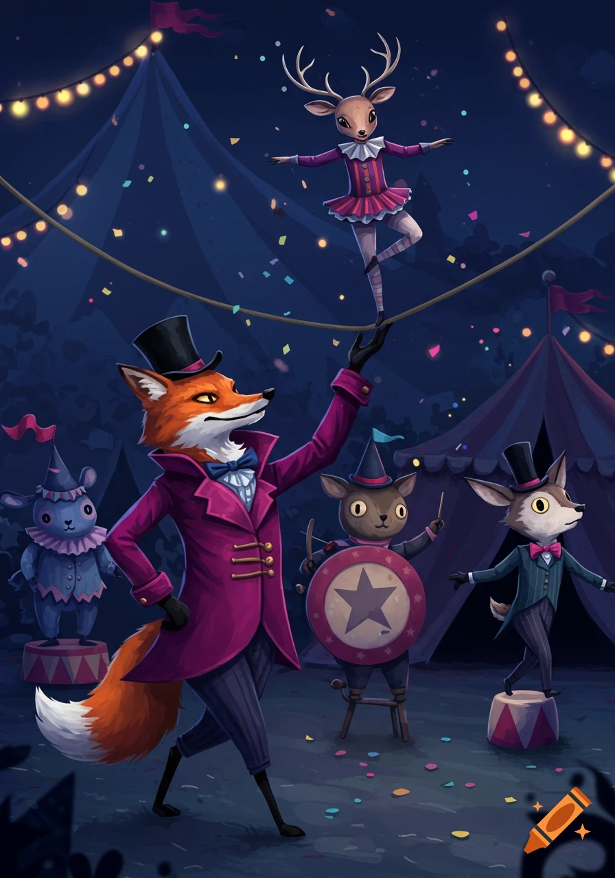 An anthropomorphic fox in a ringmaster coat holds a tightrope for a ...