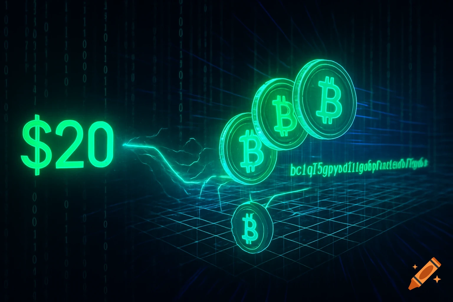 A glowing green $20 sign with energy flowing towards several bitcoin symbols against a dark ...