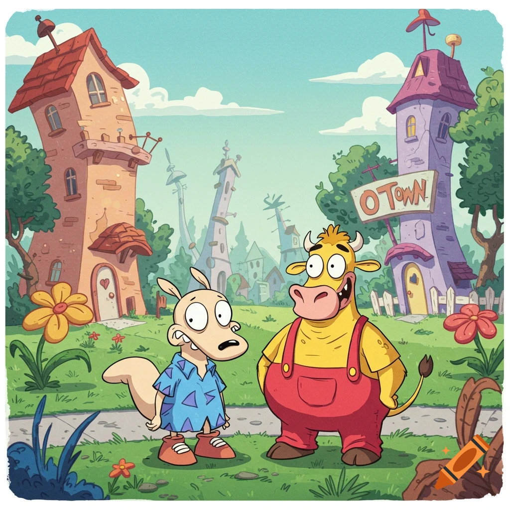 Cartoon illustration of Rocko the wallaby and Heffer the steer standing ...