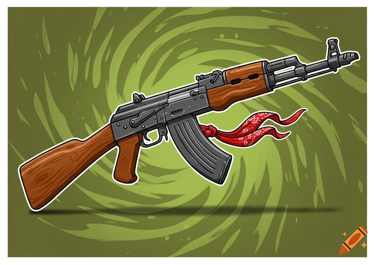 A stylized cartoon M249 light machine gun with a bullet belt against a ...