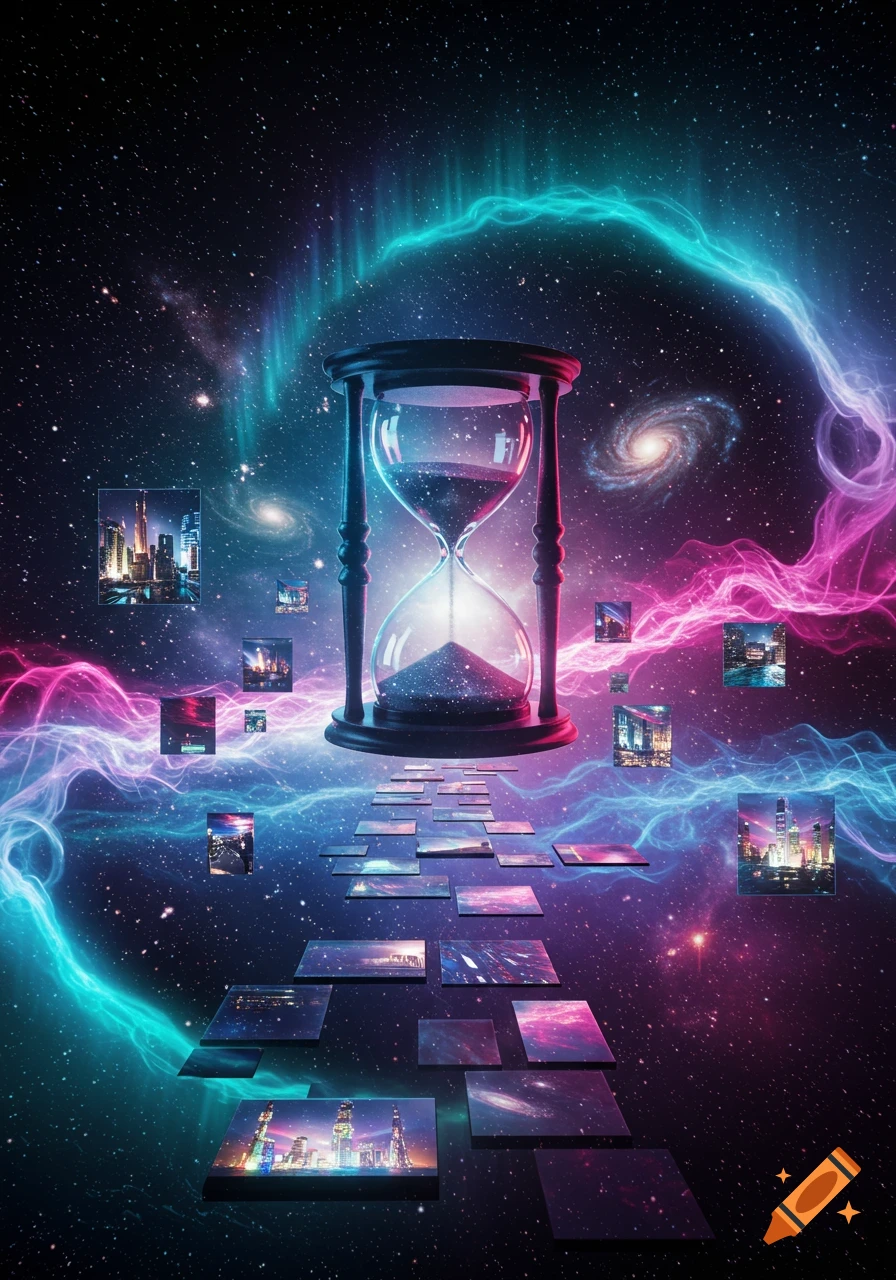 A large hourglass in space surrounded by glowing nebulae, with small ...