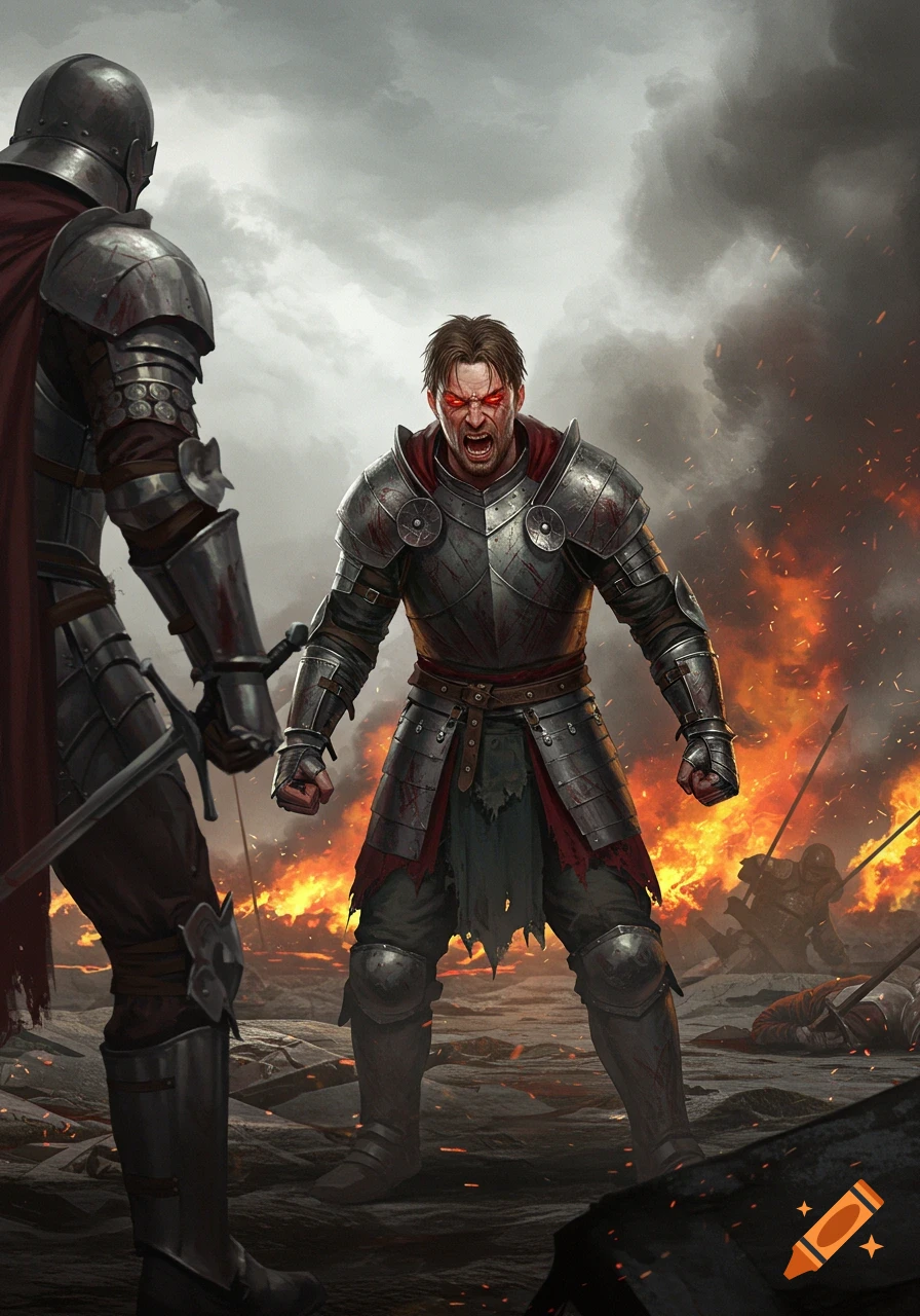 Two armored knights on a fiery battlefield, one roaring with glowing ...