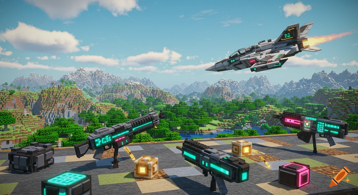 A blocky, Minecraft-style landscape with mountains and trees ...