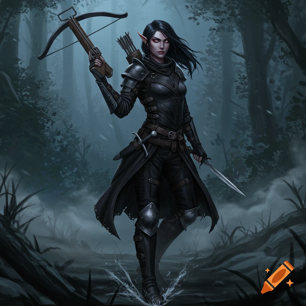 A dark-haired female half-elf warrior in black leather armor holds a crossbow and dagger in a ...