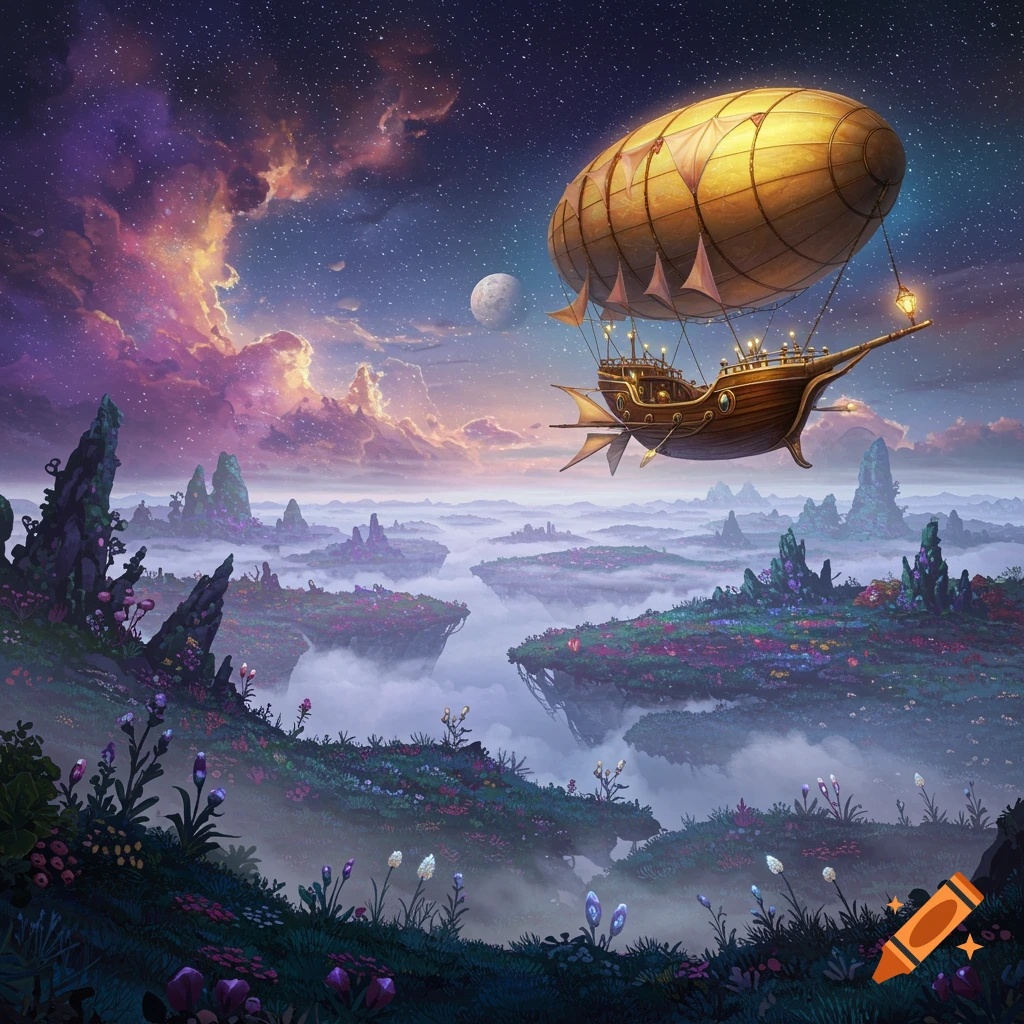 A detailed golden airship soars above vibrant, mist-shrouded floating ...