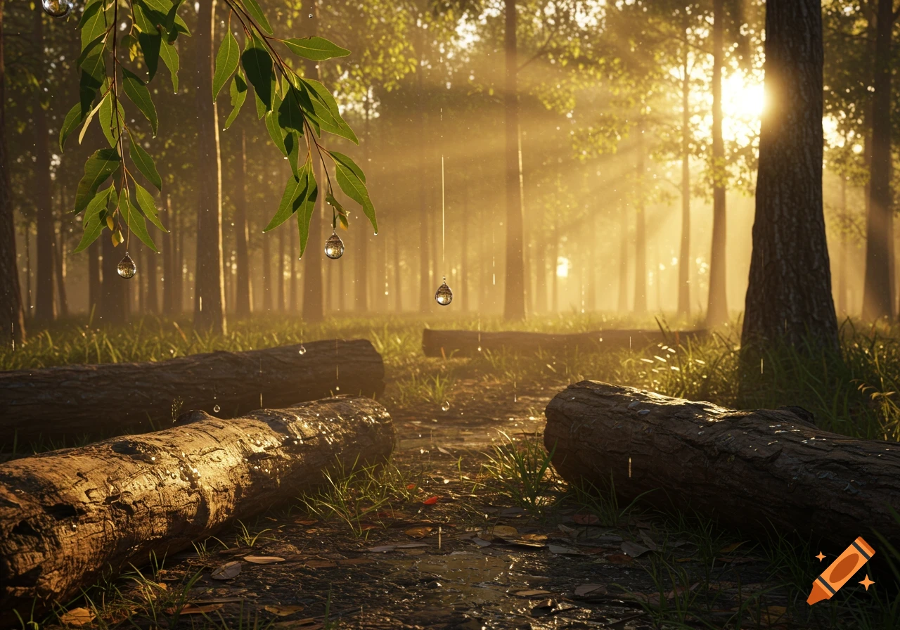 A misty forest scene with tall trees, ferns on the forest floor, and ...