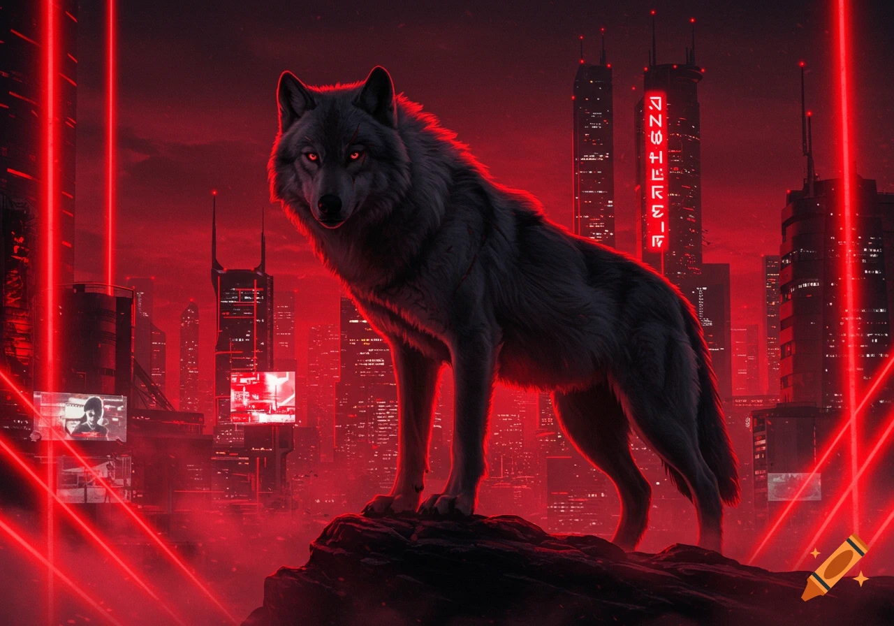 A photorealistic red fox with bright eyes stands on a wet, reflective ...