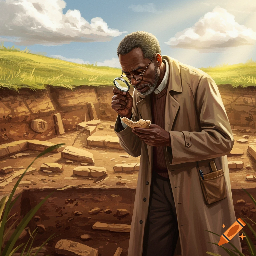 An older Black man in a trench coat and glasses examines an artifact ...