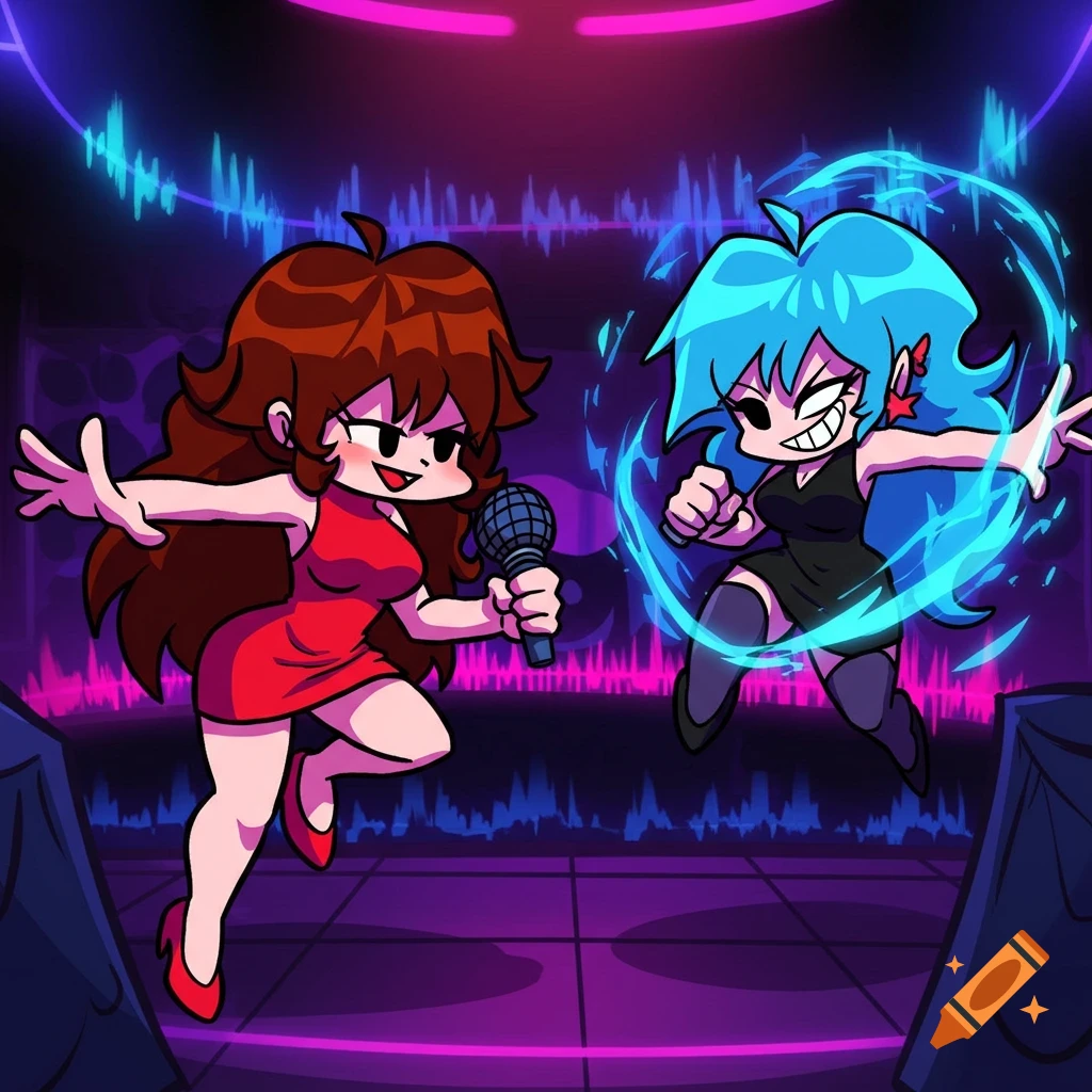 Two stylized cartoon girls, Girlfriend and Sky from FNF, in a neon-lit ...