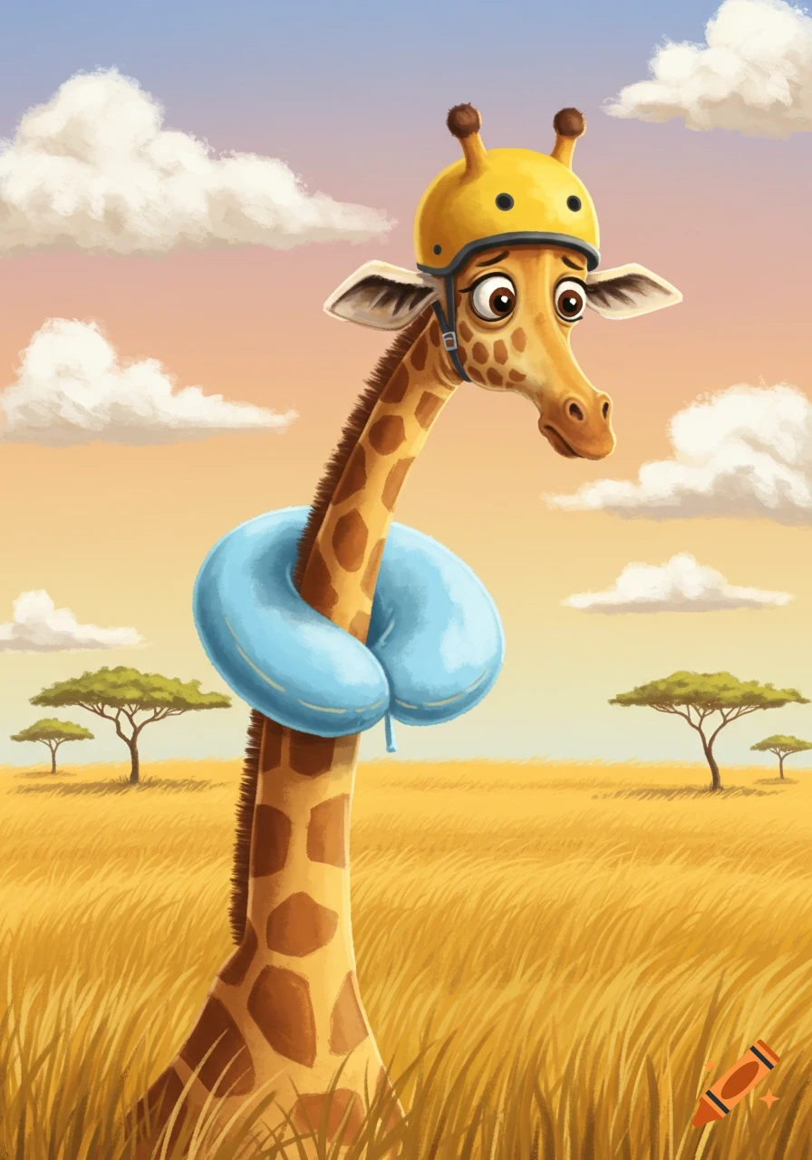A cartoon giraffe wearing a yellow helmet and a blue neck pillow stands in a golden savanna with ...